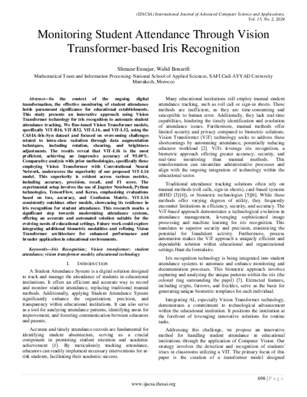 (PDF) Monitoring Student Attendance Through Vision Transformer-based Iris Recognition