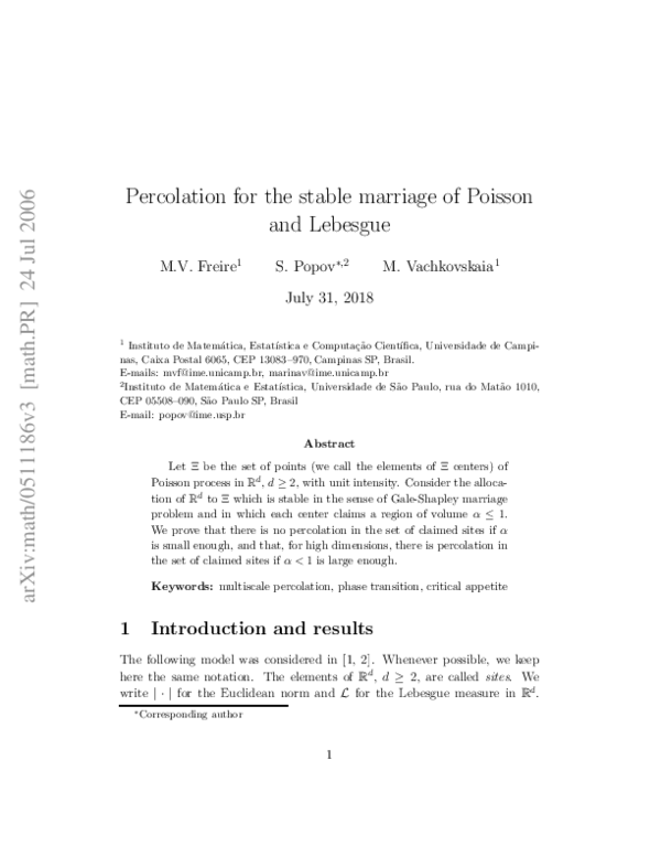 (PDF) Percolation for the stable marriage of Poisson and Lebesgue