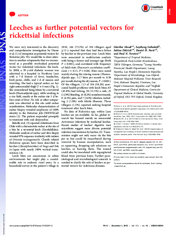 (PDF) Leeches as further potential vectors for rickettsial infections