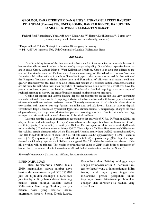 (PDF) GEOLOGI, KARAKTERISTIK DAN GENESA ENDAPAN LATERIT BAUKSIT PT. ANTAM (Persero) Tbk, UNIT ...