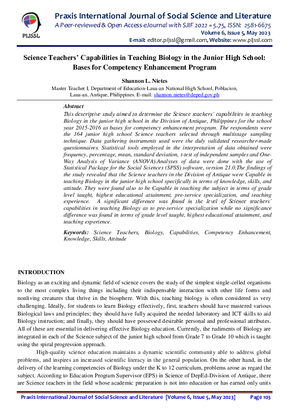 (PDF) Science Teachers’ Capabilities in Teaching Biology in the Junior ...