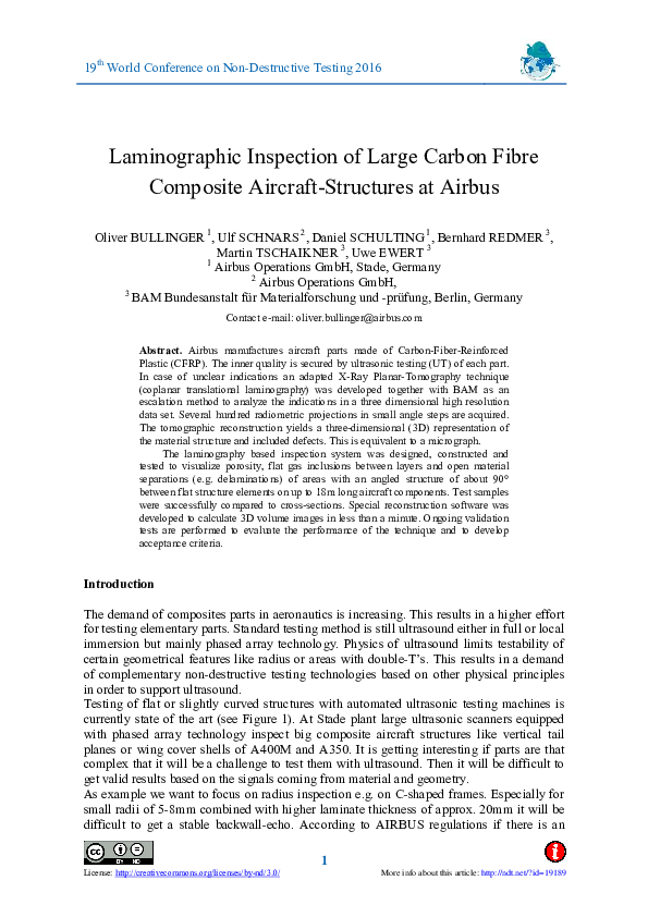 (PDF) Laminographic Inspection of Large Carbon Fibre Composite Aircraft-Structures at Airbus
