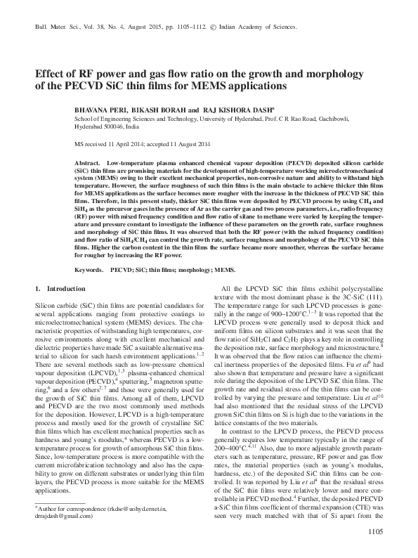(PDF) Effect of RF power and gas flow ratio on the growth and ...