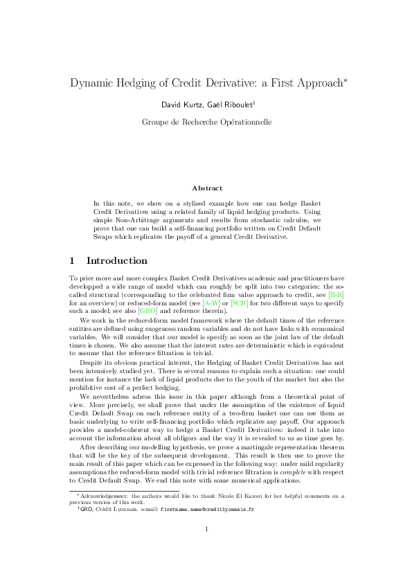 (PDF) Dynamic hedging of credit derivative: a first approach