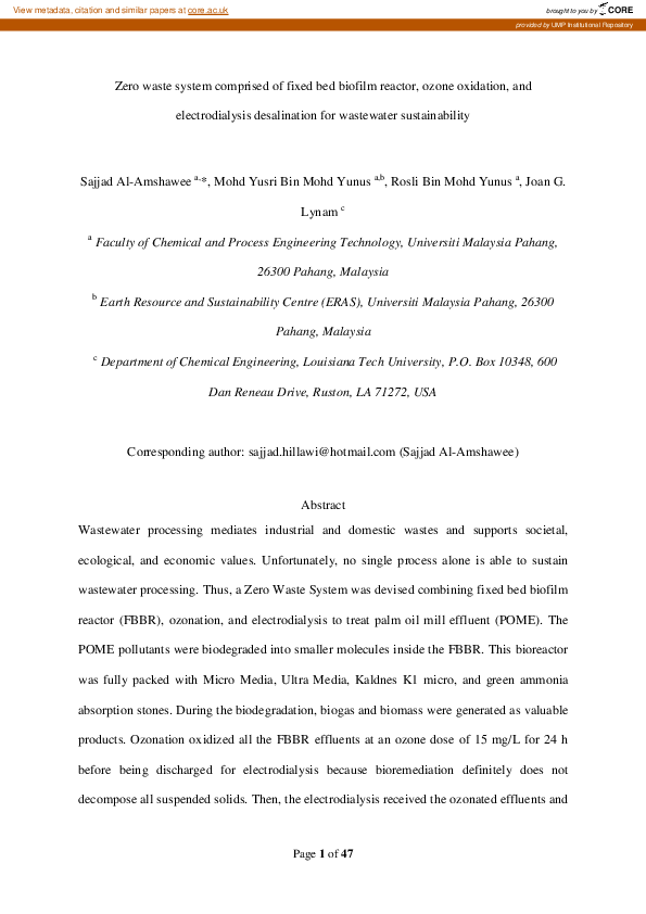 (PDF) Zero waste system comprised of fixed bed biofilm reactor, ozone ...