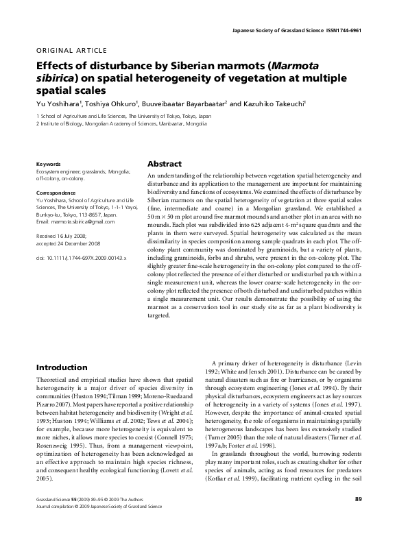 (PDF) Effects of disturbance by Siberian marmots ( Marmota sibirica ) on spatial heterogeneity ...