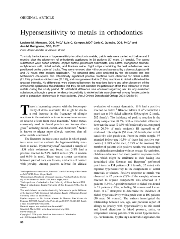 (PDF) Hypersensitivity to metals in orthodontics
