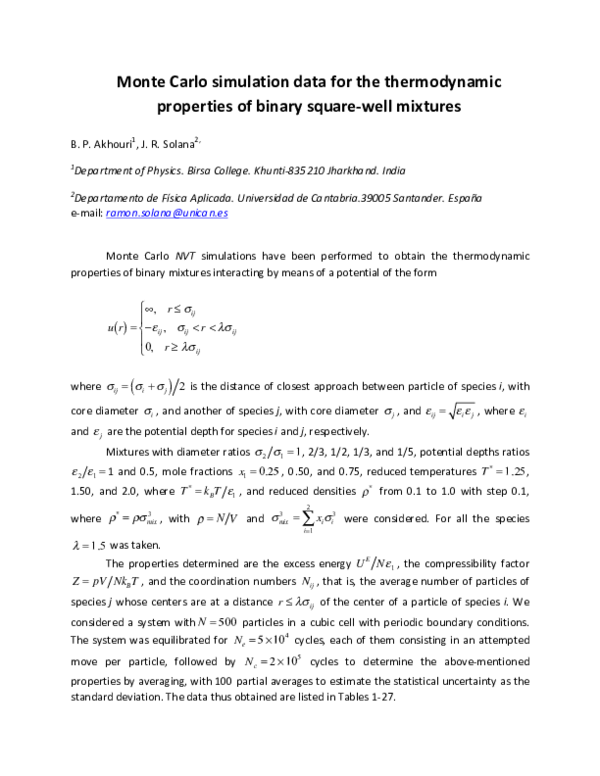 (PDF) Square-well mixtures revisited: computer simulation, mixing rules ...