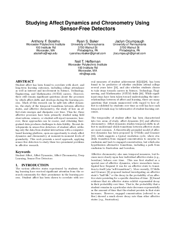 (PDF) Studying Affect Dynamics and Chronometry Using Sensor-Free Detectors