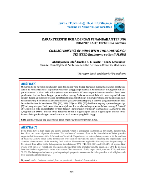 (PDF) KARAKTERISTIK BOBA DENGAN PENAMBAHAN TEPUNG RUMPUT LAUT Eucheuma cottonii