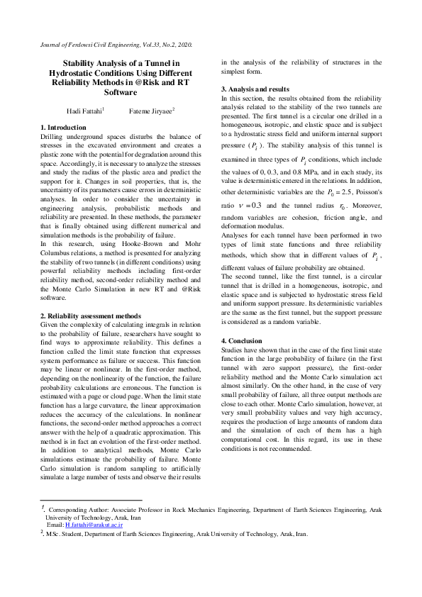 (PDF) Stability Analysis of a Tunnel in Hydrostatic Conditions Using Different Reliability ...