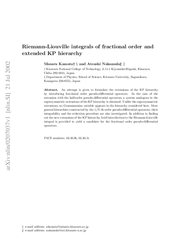 Pdf Riemann Liouville Integrals Of Fractional Order And Extended Kp Hierarchy