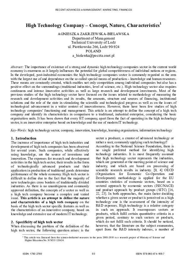 (PDF) High Technology Company – Concept, Nature, Characteristics