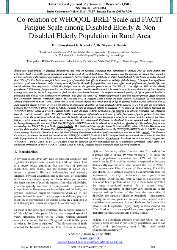 (PDF) Co-relation of WHOQOL-BREF Scale and FACIT Fatigue Scale among ...