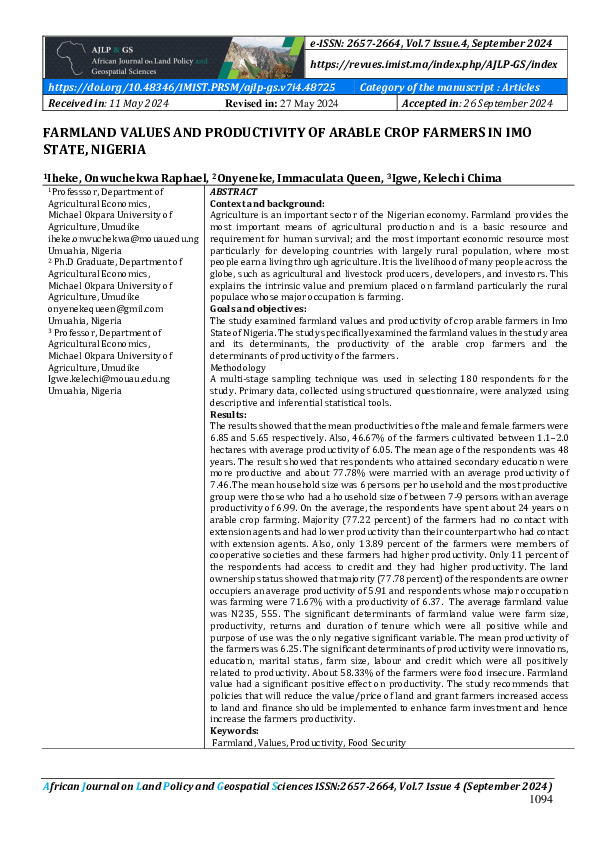 (PDF) FARMLAND VALUES AND PRODUCTIVITY OF ARABLE CROP FARMERS IN IMO ...