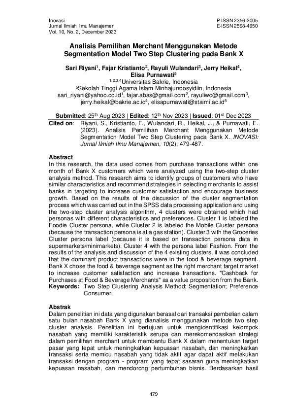(PDF) Analisis Pemilihan Merchant Menggunakan Metode Segmentation Model Two Step Clustering pada ...