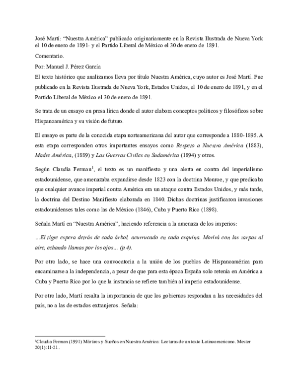 (PDF) Comentario de "Nuestra América" de José Martí