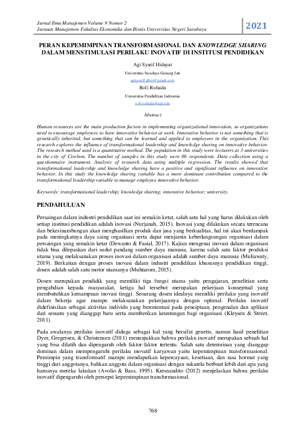 (PDF) Peran Kepemimpinan Transformasional dan Knowledge Sharing dalam ...