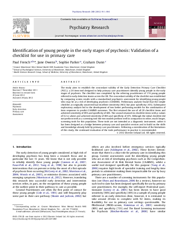(PDF) Identification of young people in the early stages of psychosis ...