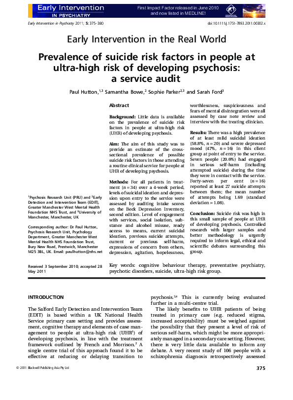 (PDF) Prevalence of suicide risk factors in people at ultra-high risk ...