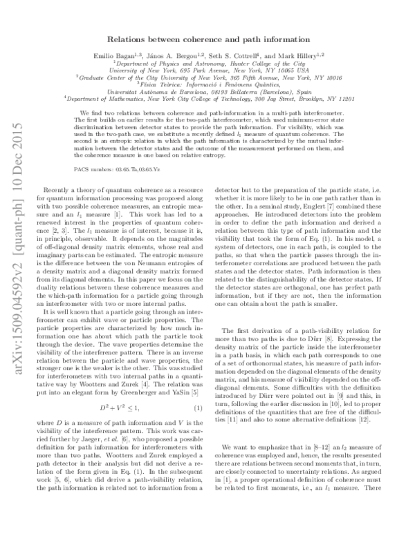 (PDF) Wave-particle duality in multi-path interferometers: A relation between quantum coherence ...