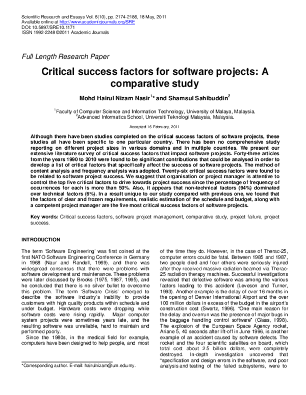 (PDF) Critical success factors for software projects: A comparative study