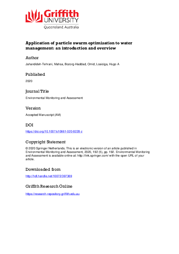 (PDF) Application of particle swarm optimization to water management: an introduction and ...