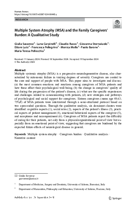 (PDF) Multiple System Atrophy (MSA) and the Family Caregivers' Burden: A Qualitative Study