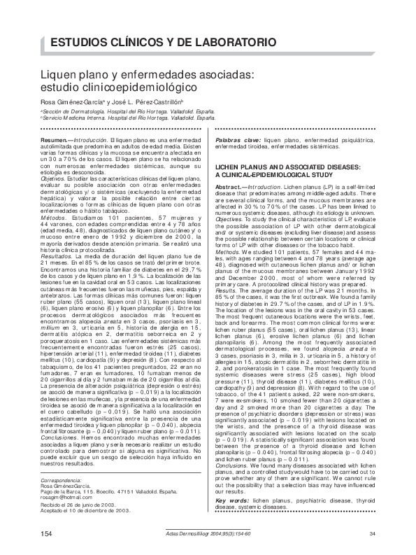 (PDF) Liquen plano y enfermedades asociadas: estudio clinicoepidemiológico | Jose Luis Perez ...