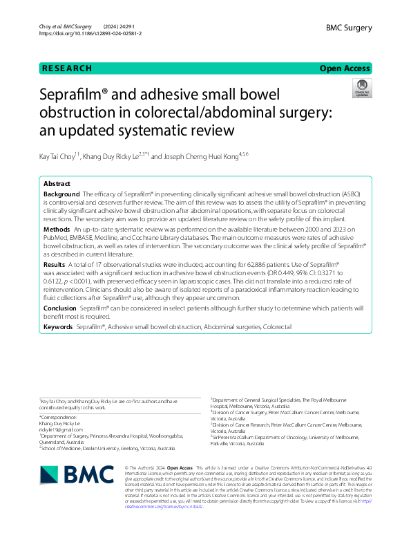 (PDF) Seprafilm® and adhesive small bowel obstruction in colorectal ...