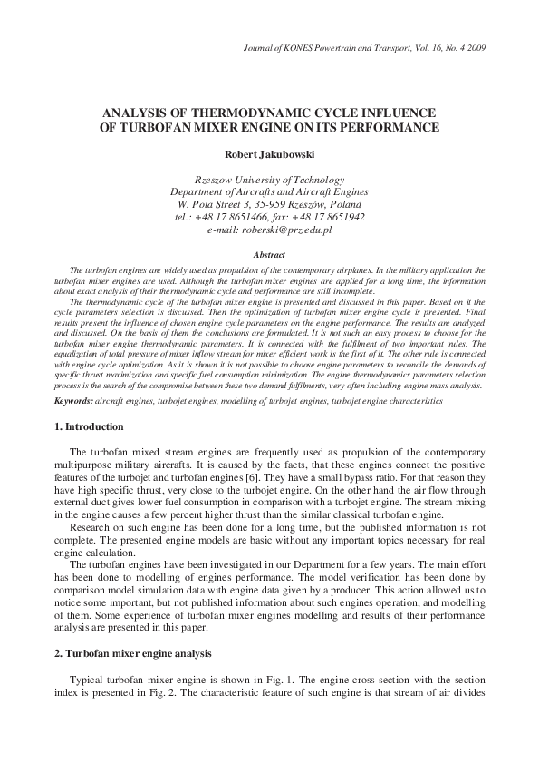 (PDF) Analysis of Thermodynamic Cycle Influence of Turbofan Mixer Engine on Its Performance