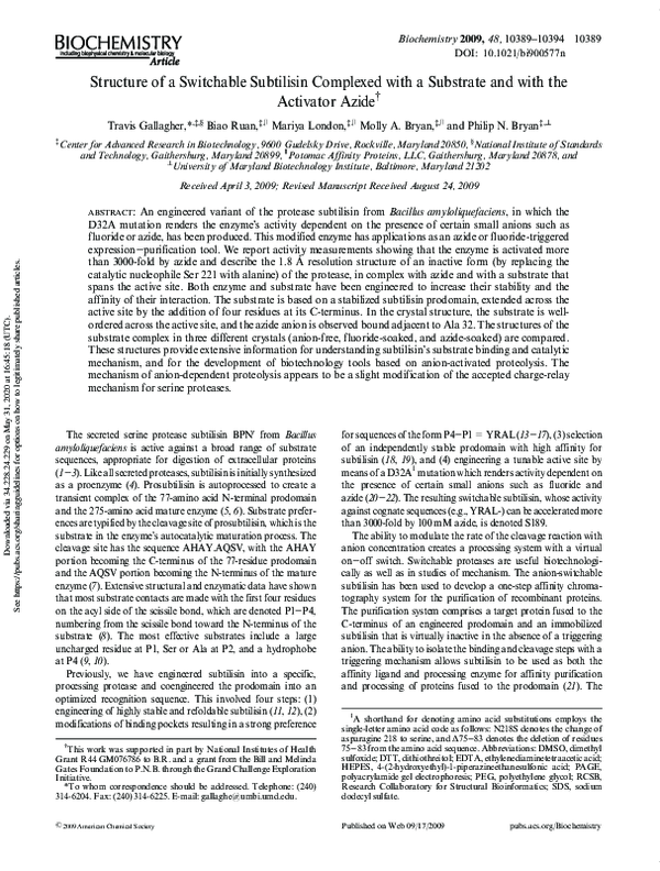 (PDF) Structure of a Switchable Subtilisin Complexed with a Substrate ...