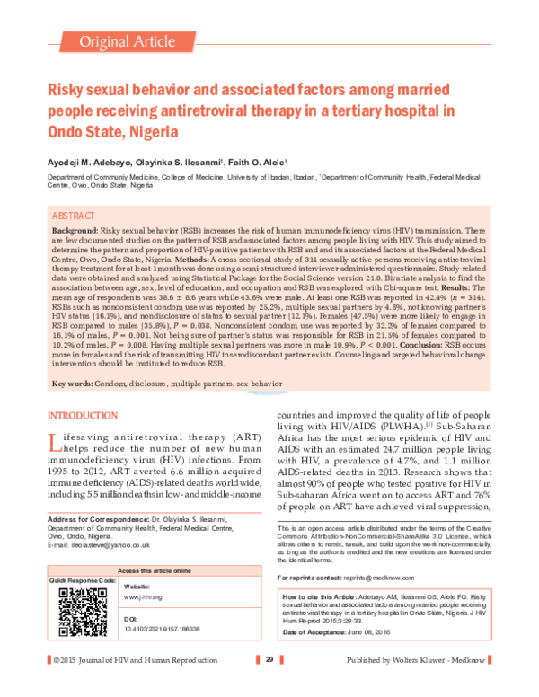 (PDF) Risky sexual behavior and associated factors among married people receiving antiretroviral ...