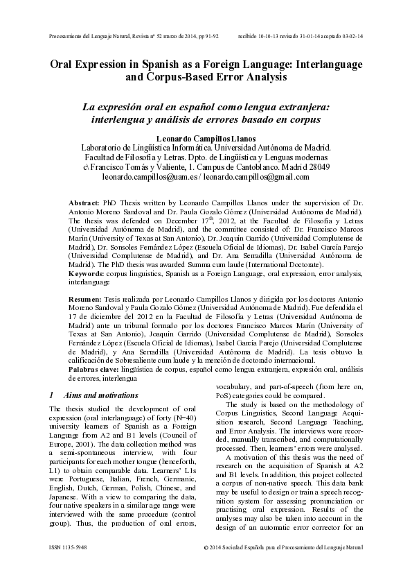 (PDF) Oral Expression in Spanish as a Foreign Language: Interlanguage and Corpus-Based Error ...