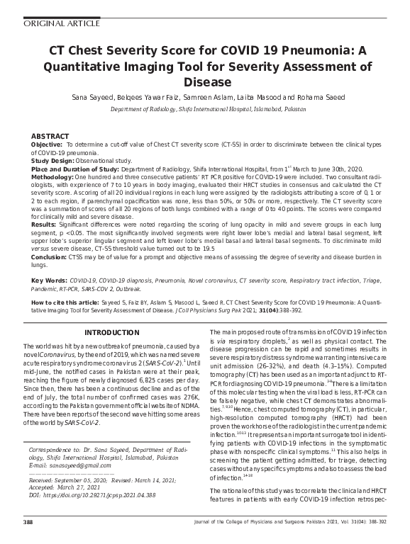 (PDF) CT Chest Severity Score for COVID 19 Pneumonia: A Quantitative ...