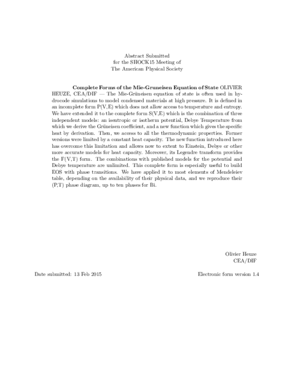 (PDF) Complete Forms of the Mie-Gruneisen Equation of State