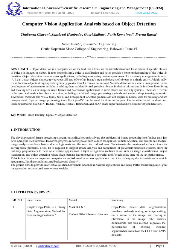 (PDF) Computer Vision Application Analysis based on Object Detection
