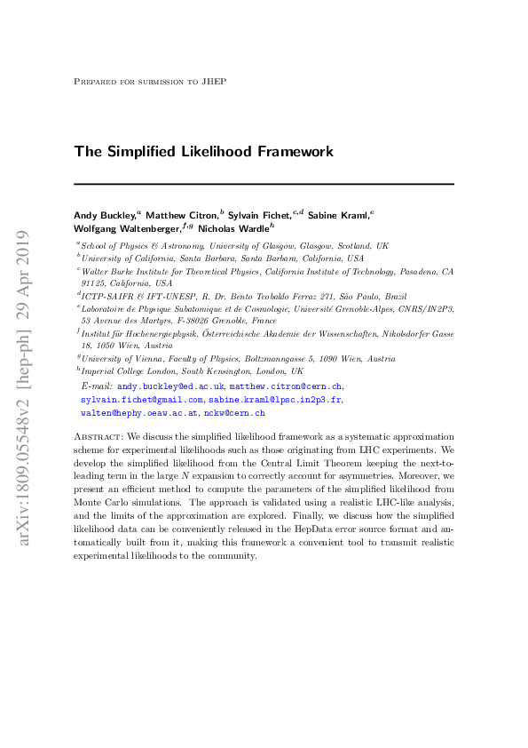 (PDF) Prepared for submission to JHEP The Simplified Likelihood Framework