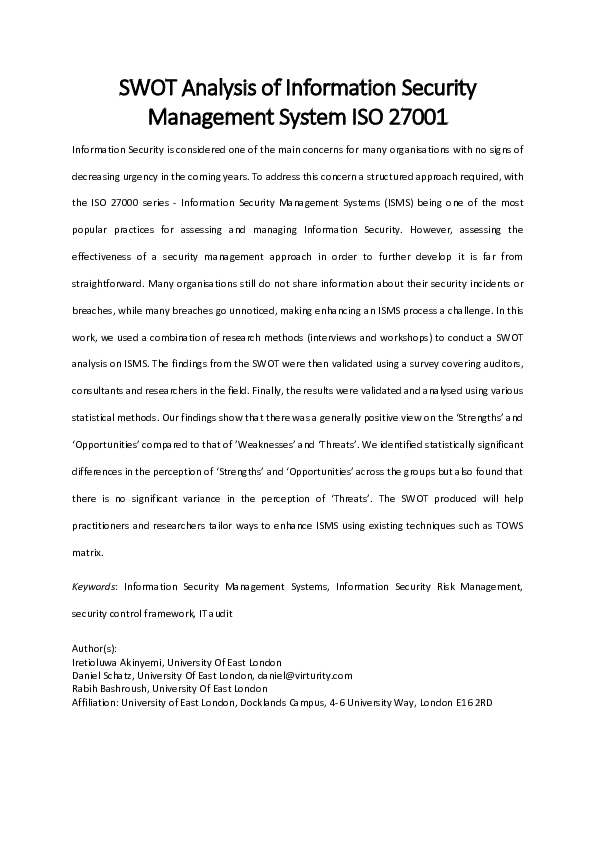 (PDF) SWOT analysis of information security management system ISO 27001