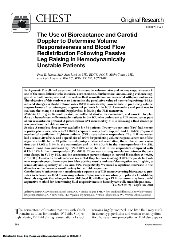 (PDF) The Use of Bioreactance and Carotid Doppler to Determine Volume ...