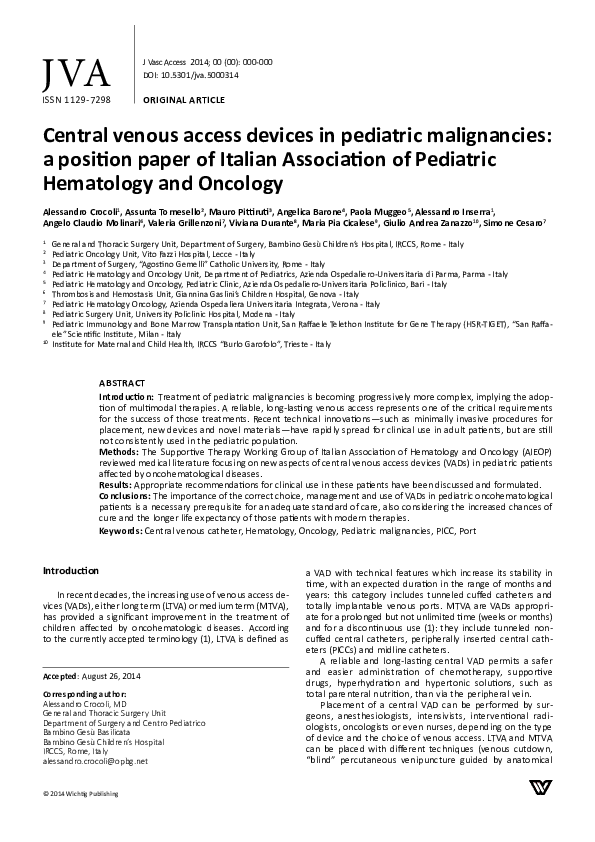 (PDF) Central Venous access Devices in Pediatric Malignancies: A Position Paper of Italian ...