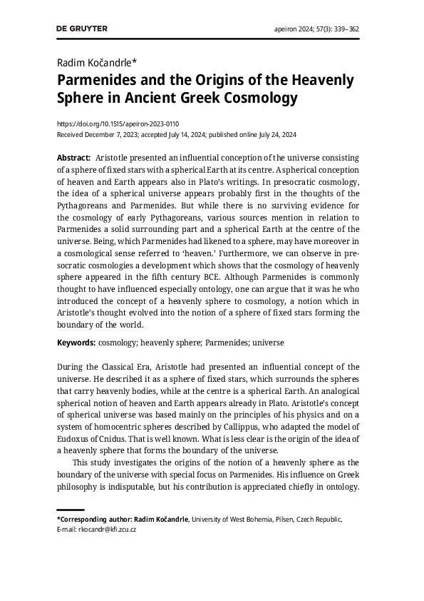 (PDF) Parmenides and the Origins of the Heavenly Sphere in Ancient ...
