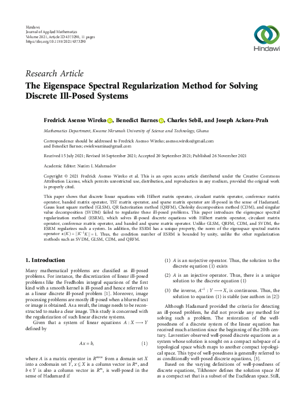 (PDF) The Eigenspace Spectral Regularization Method for solving Discrete Ill-Posed Systems