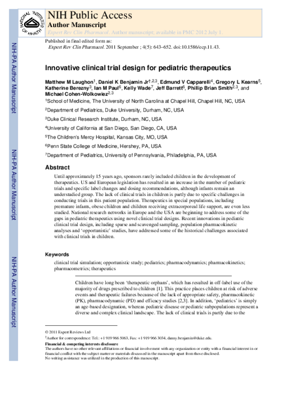 (PDF) Innovative clinical trial design for pediatric therapeutics