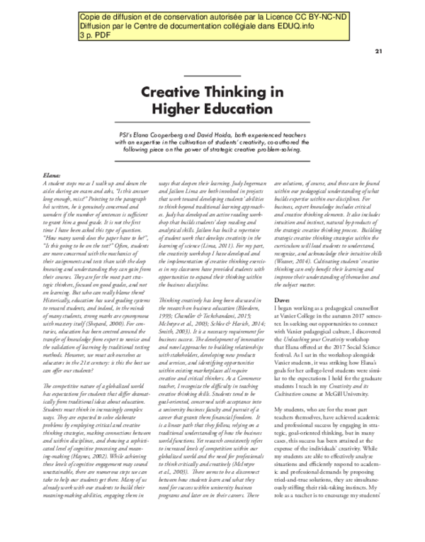 (PDF) Creative Thinking in Higher Education