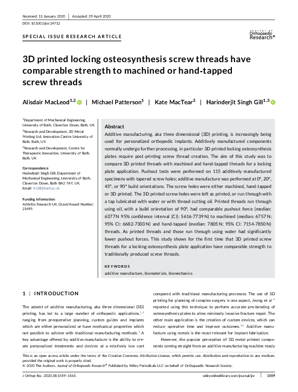(PDF) 3D printed locking osteosynthesis screw threads have comparable ...