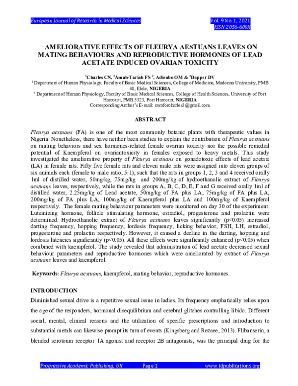 (PDF) AMELIORATIVE EFFECTS OF FLEURYA AESTUANS LEAVES ON MATING ...