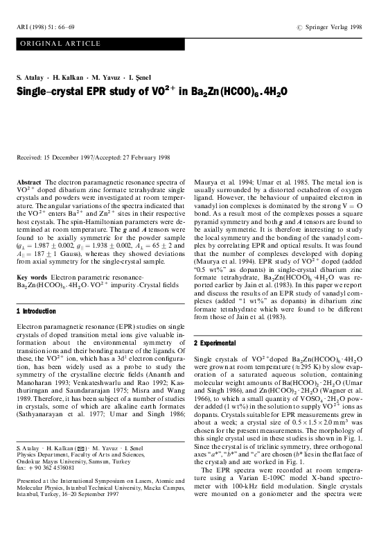 (PDF) Single-crystal EPR study of VO 2+ in Ba 2 Zn(HCOO) 6 .4H 2 O ...