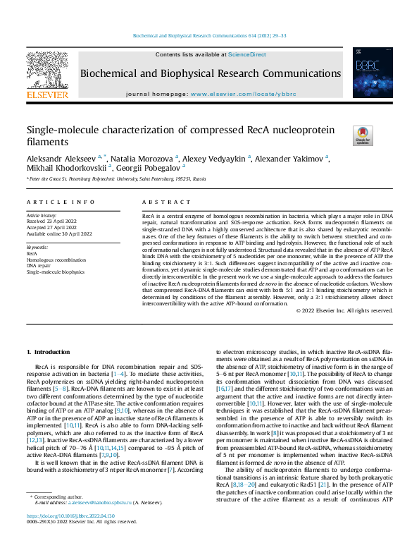 (PDF) Single-molecule characterization of compressed RecA nucleoprotein ...