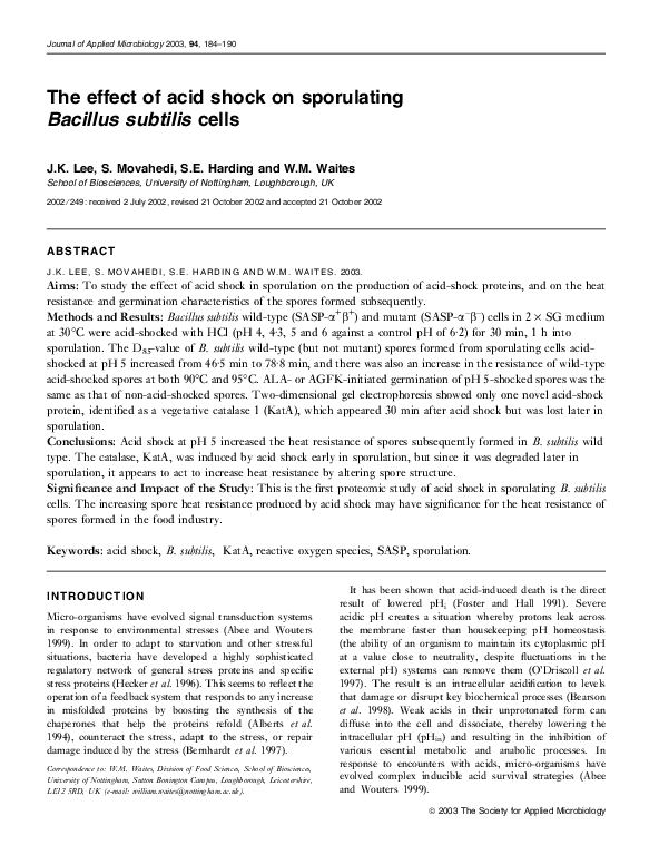 (PDF) The effect of acid shock on sporulating Bacillus subtilis cells